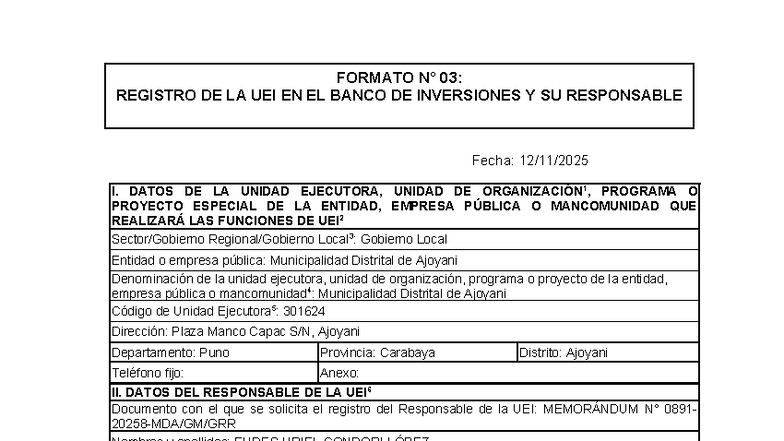 Formato 03: Registro de la UEI en el Banco de Inversiones EF6301 - Studocu