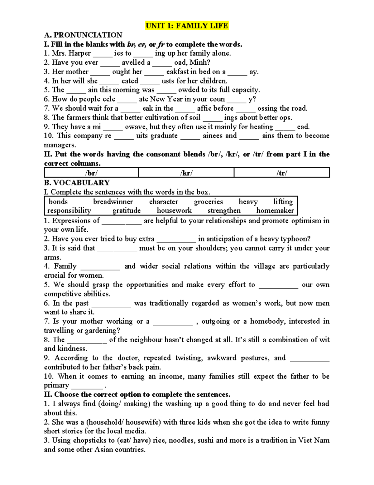 UNIT 1: FAMILY LIFE - Pronunciation and Vocabulary Exercises - Studocu