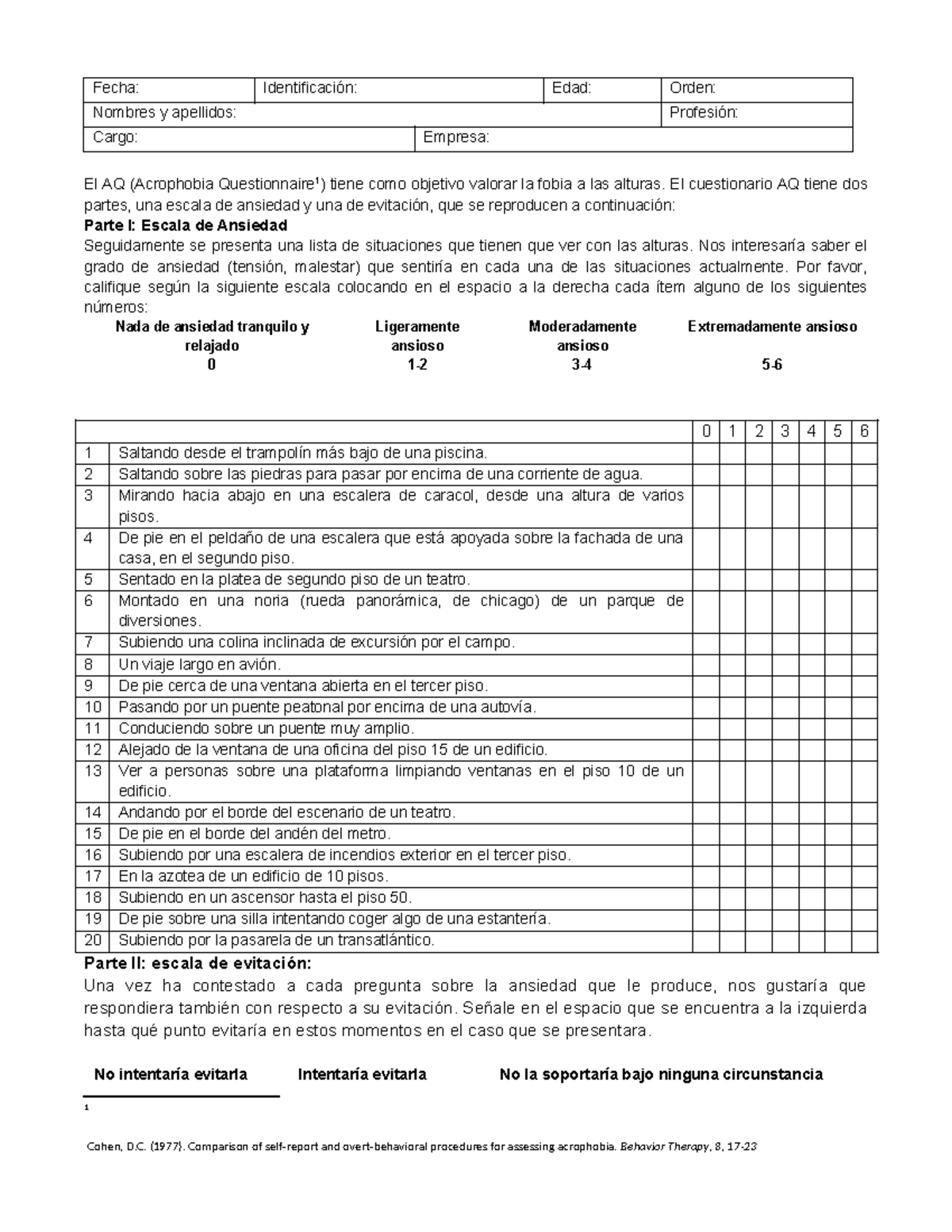 TEST DE AQ (Acrophobia Questionnaire) - Evaluación de Acrofobia - Studocu
