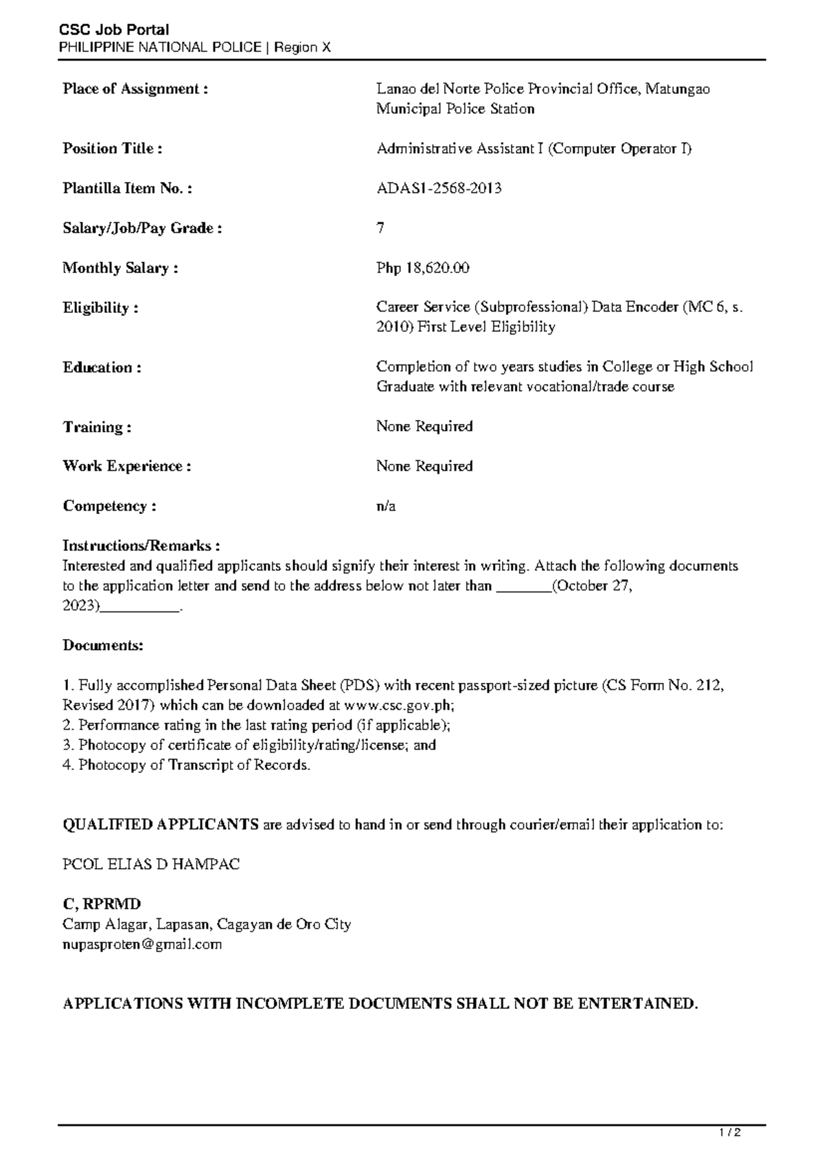 Philippine National Police: Admin Asst I & Comp Operator I Job Opening ...