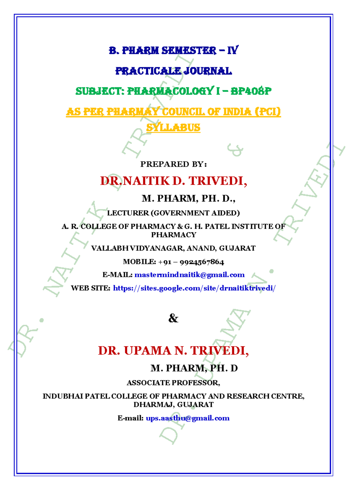 BP408P - Pharmacology I - Practical Journal Overview - B. Pharm SEM IV - Studocu