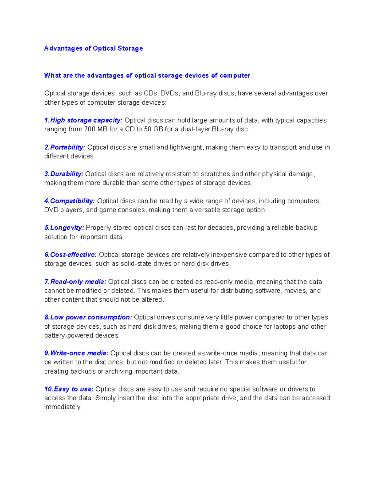 What are the advantages of optical storage devices of computer ...