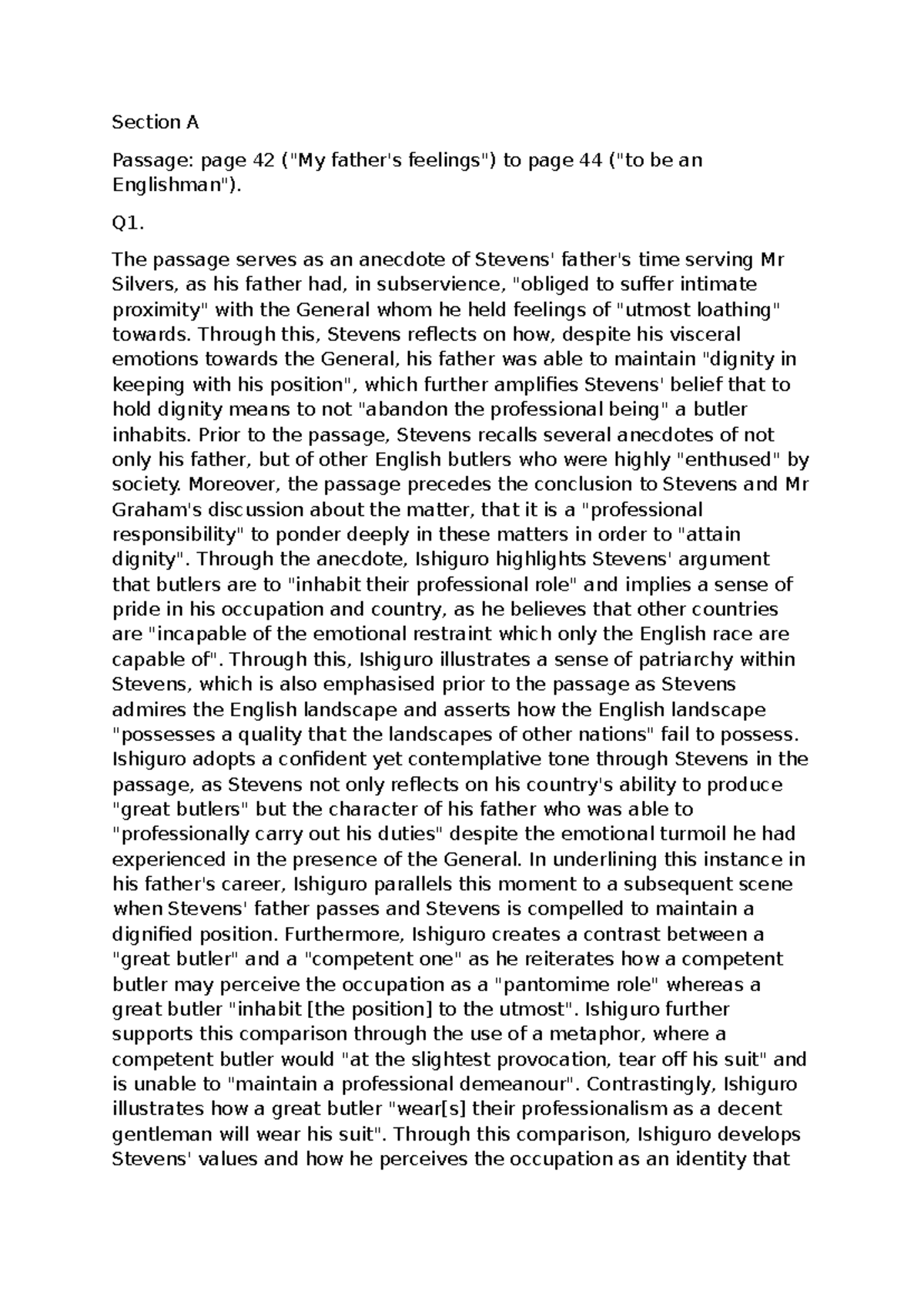Section A Exam - The Remains of the Day - Section A Passage: page 42 ...