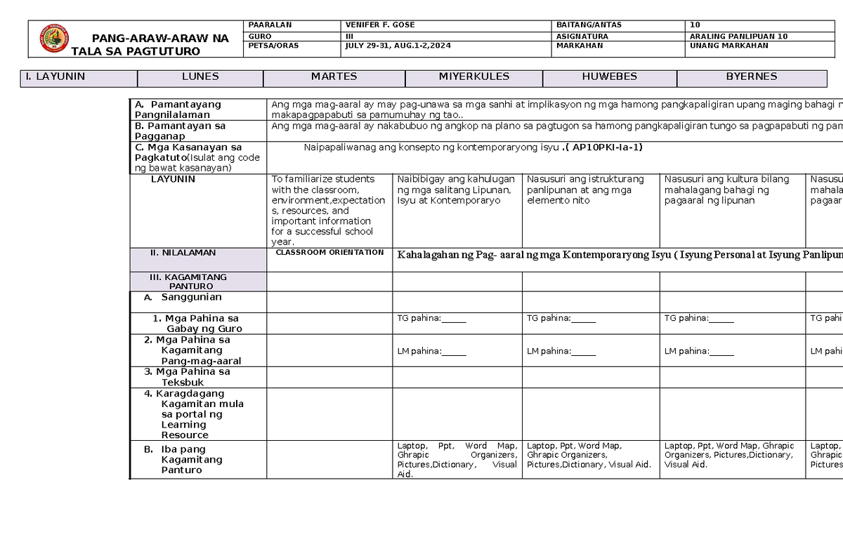 DLL ESP10Q1 WK1 Classroom Orientation and Lesson Plan Overview - Studocu