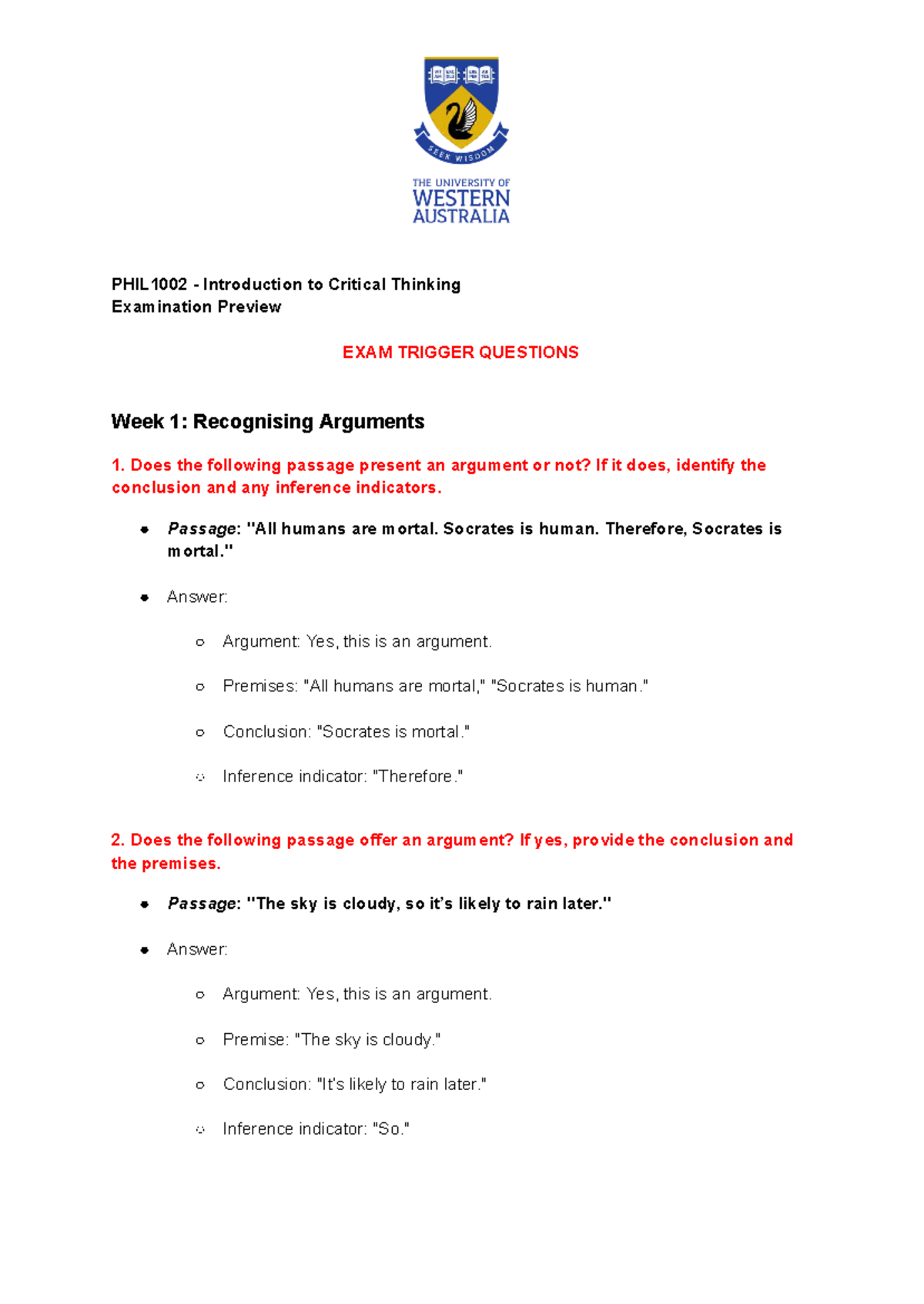 PHIL1002 Introduction to Critical Thinking Exam Preview - Practice ...