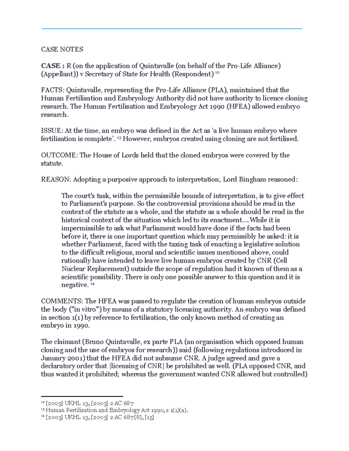 Case Summary: Quintavalle - CASE NOTES CASE : R (on the application of ...