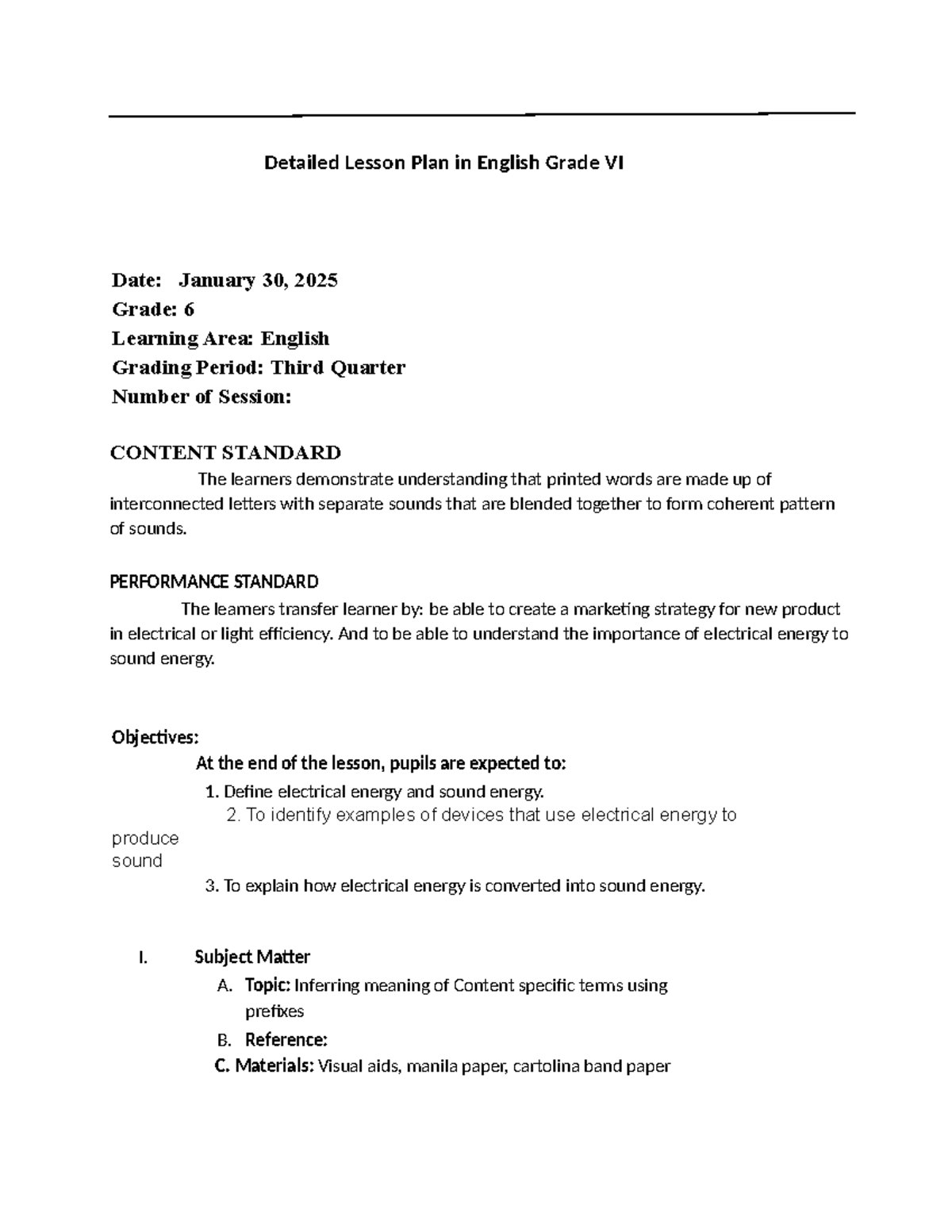 Detailed Lesson Plan for English Grade VI - Week 7 D3 - Studocu