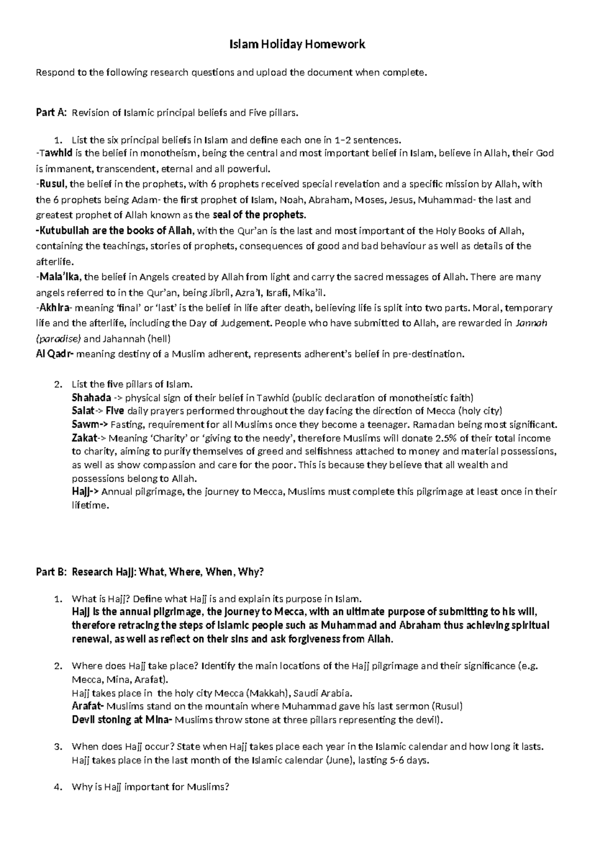 HAJJ Holiday Homework: Exploring Islamic Beliefs and Pilgrimage - Studocu