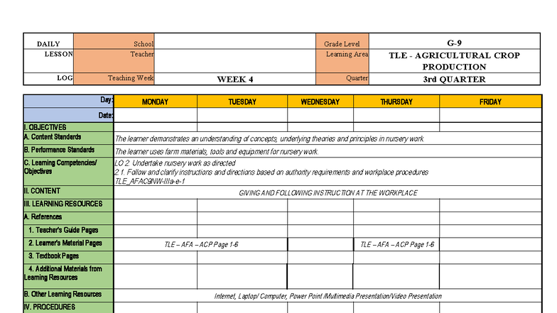 DLL AFA 9 Q3: Weekly Lesson Plan for Agricultural Crop Production - Studocu