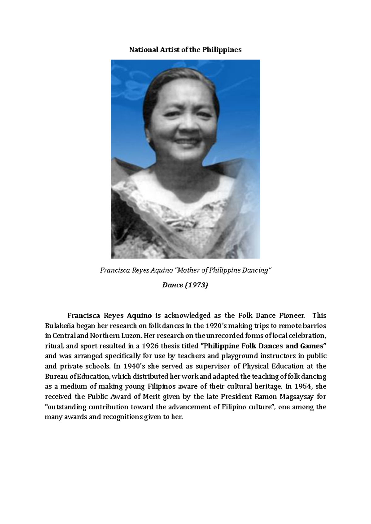 Francisca Reyes Aquino: Pioneer of Philippine Folk Dance (1973) - Studocu