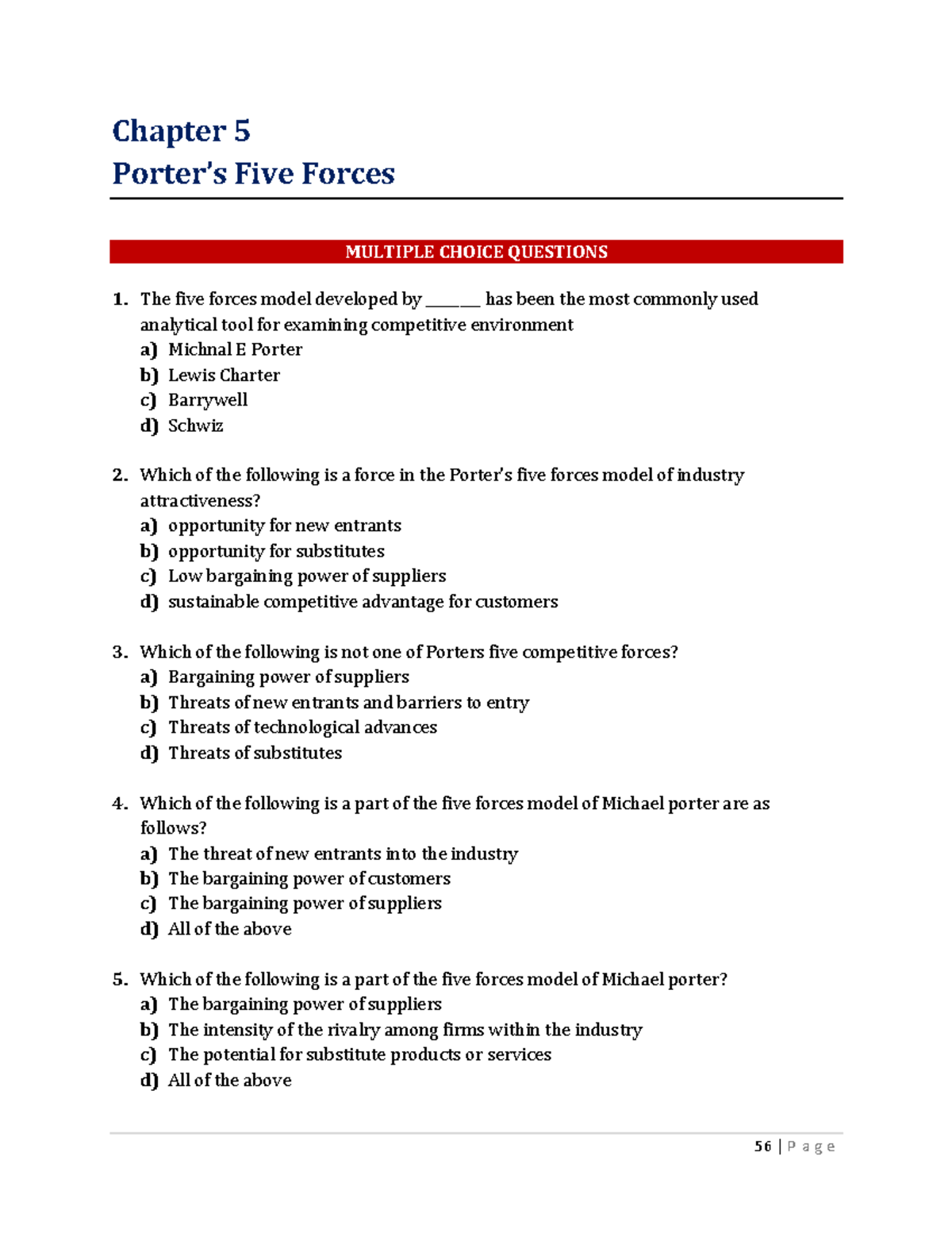 Lesson 5: Multiple Choice Questions on Porter's Five Forces - Studocu