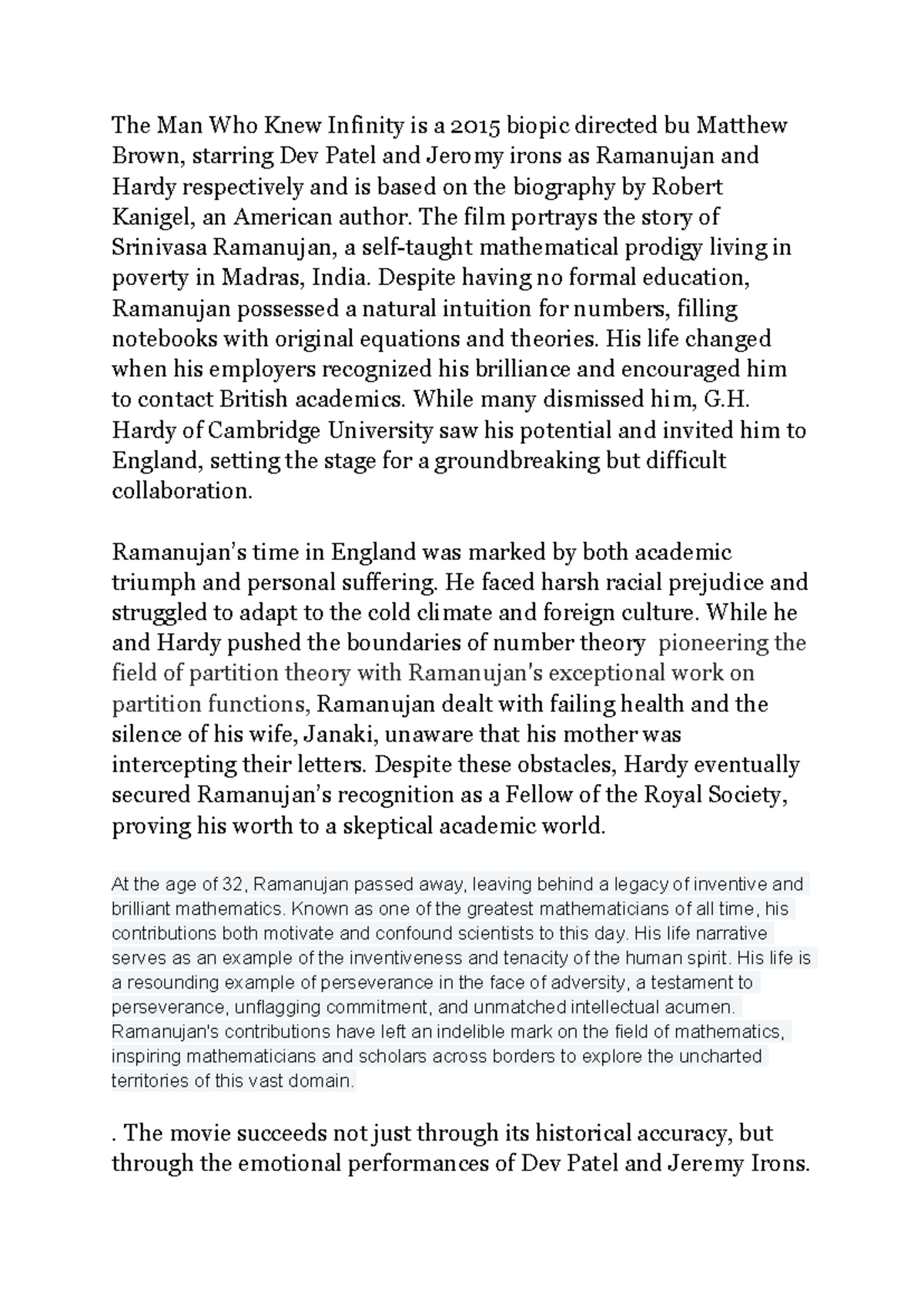 FILM Analysis: The Man Who Knew Infinity (2015) - Studocu