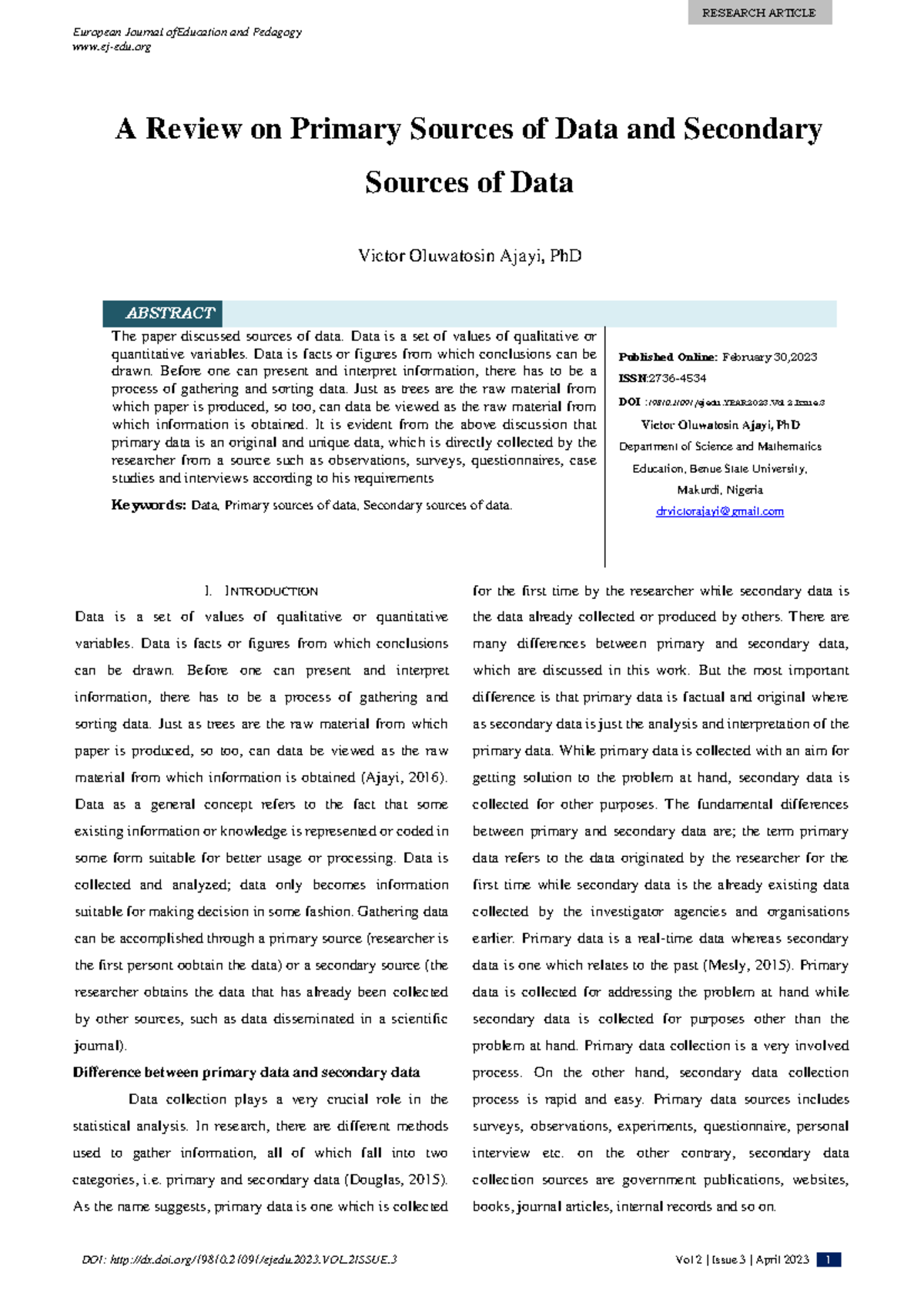 A Review of Primary and Secondary Data Sources in Research - Studocu