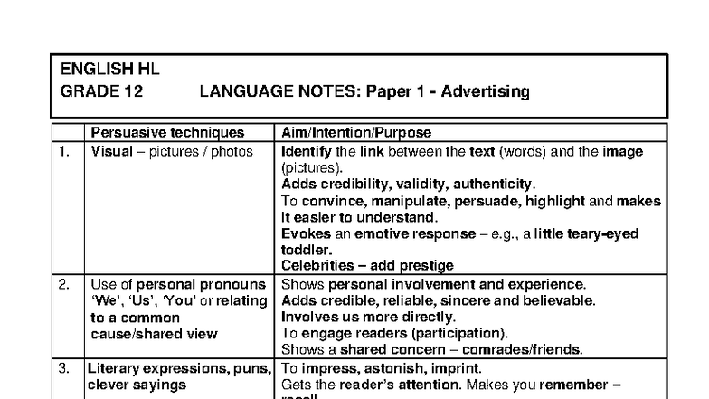 ENGLISH HL GRADE 12 PAPER 1 LANGUAGE NOTES: ADVERTISING ANALYSIS - Studocu