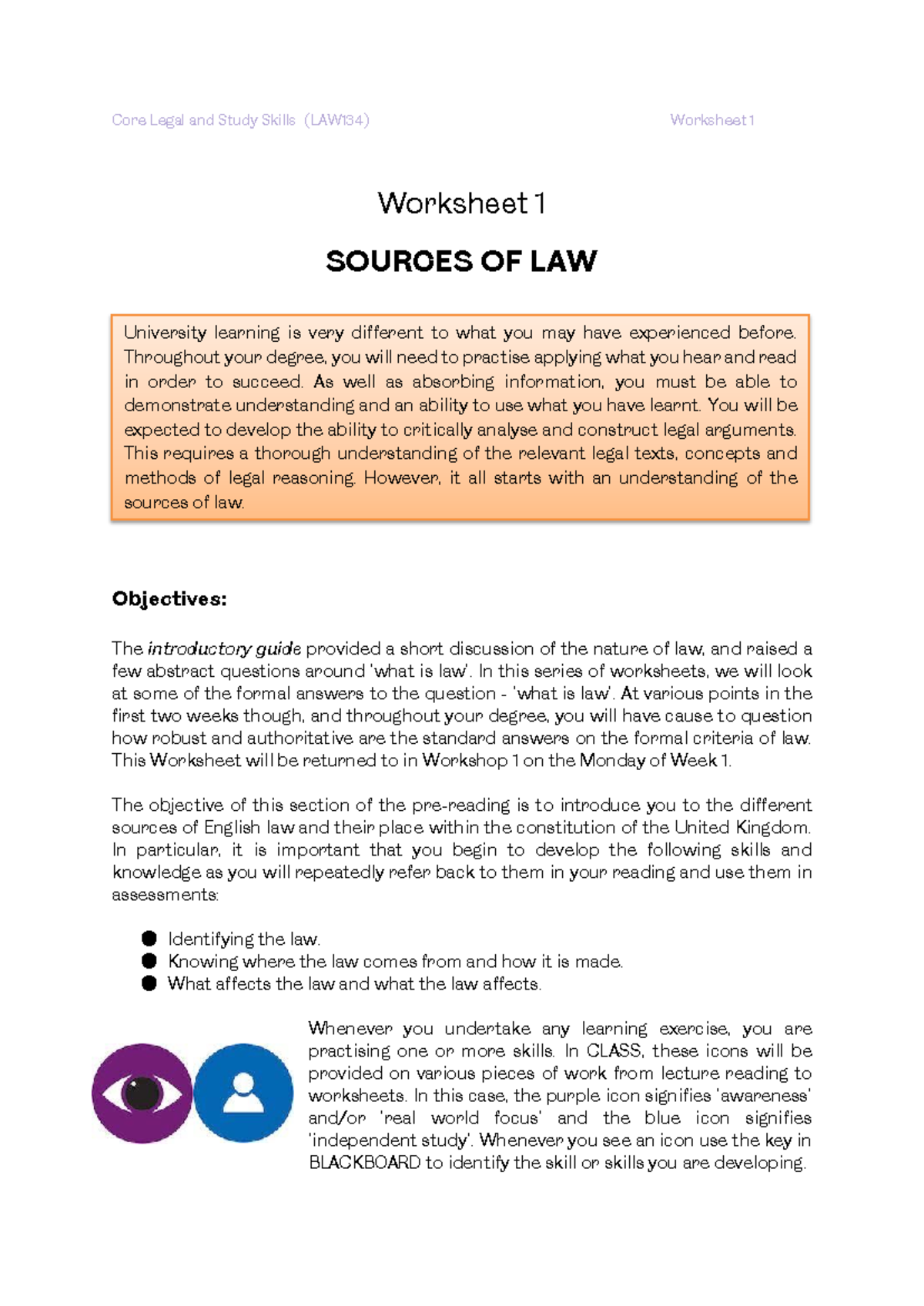 Worksheet 1 - Sources of law - Worksheet 1 SOURCES OF LAW Objectives ...