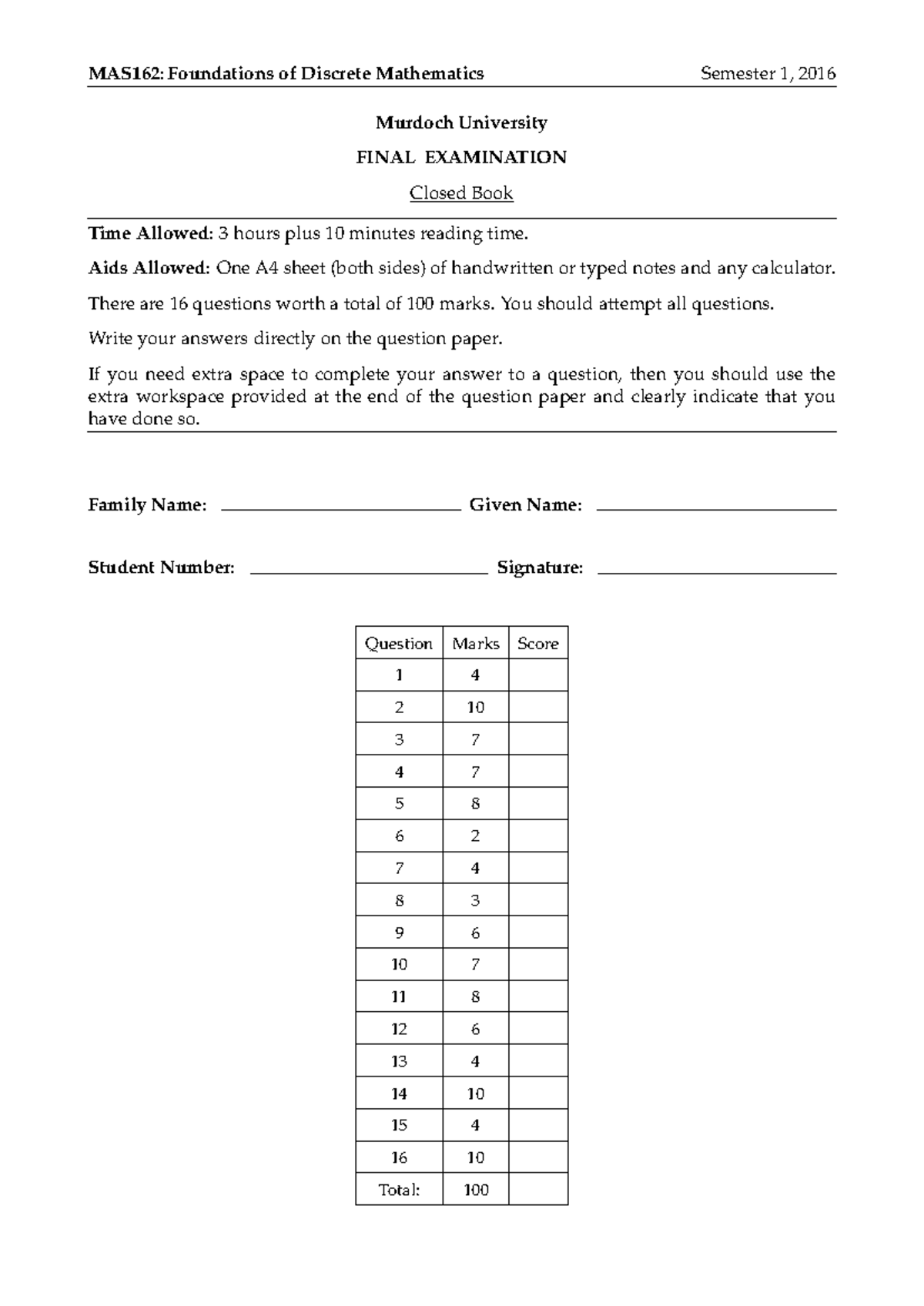 MAS162 Semester 1, 2016 Final Exam - Discrete Mathematics Past Paper ...