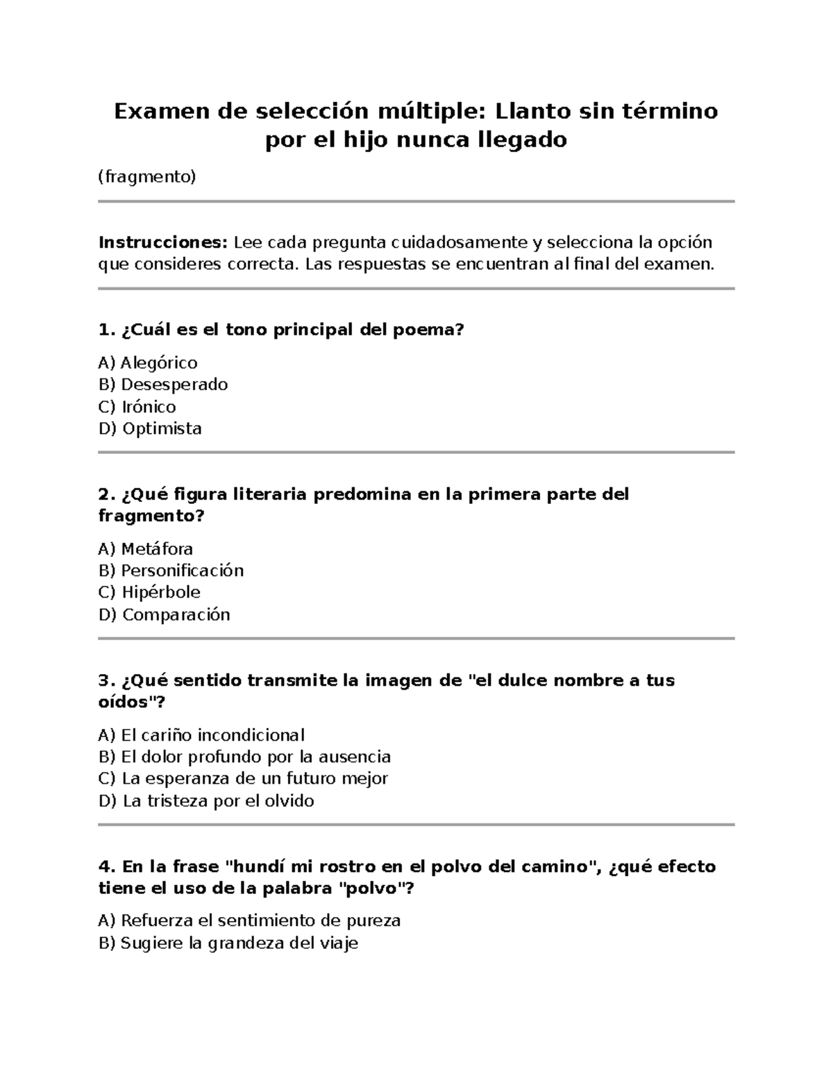 Examen de selección múltiple: Llanto sin término por el hijo ausente ...