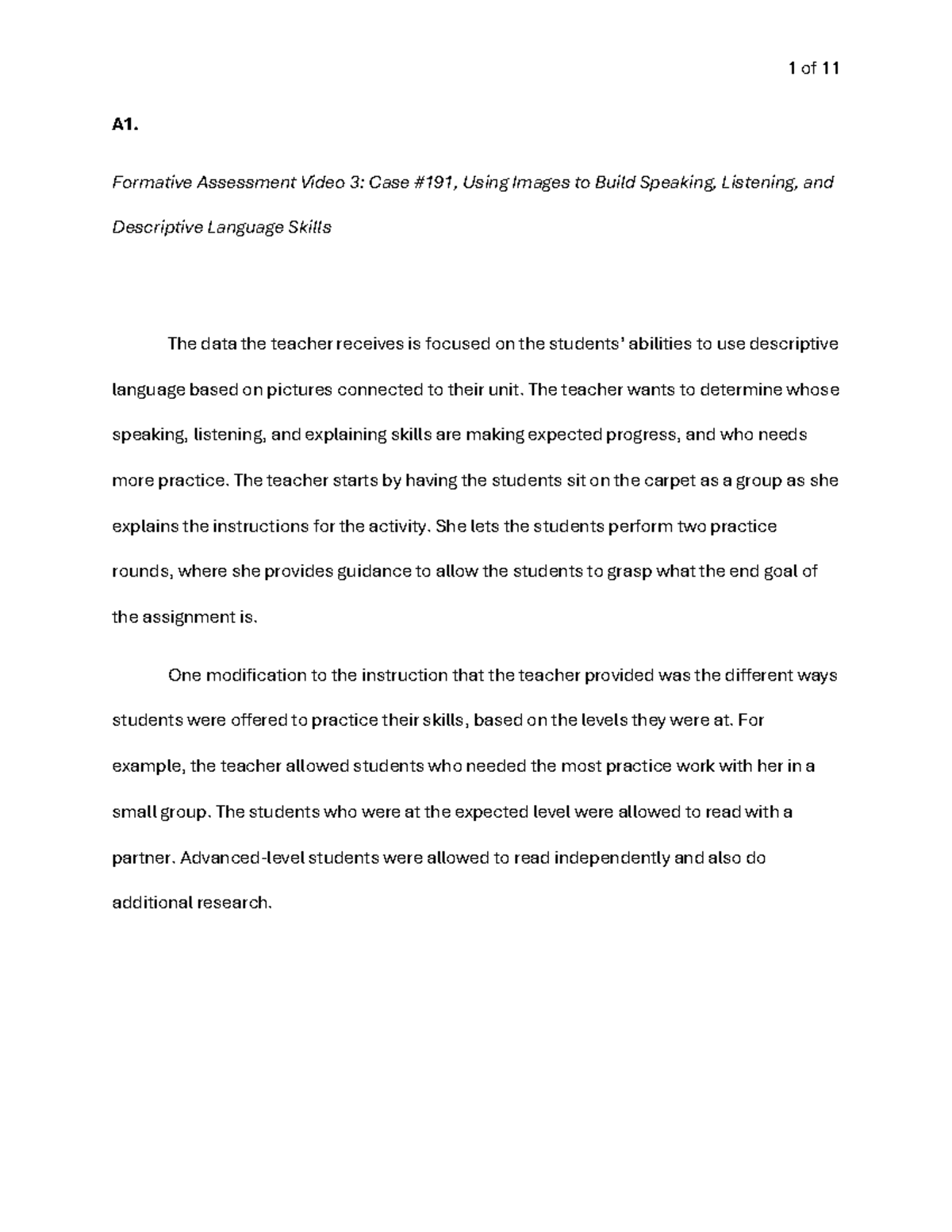 D091 Task 1 - Task 1 of D091. - A1. Formative Assessment Video 3: Case #191, Using Images to ...