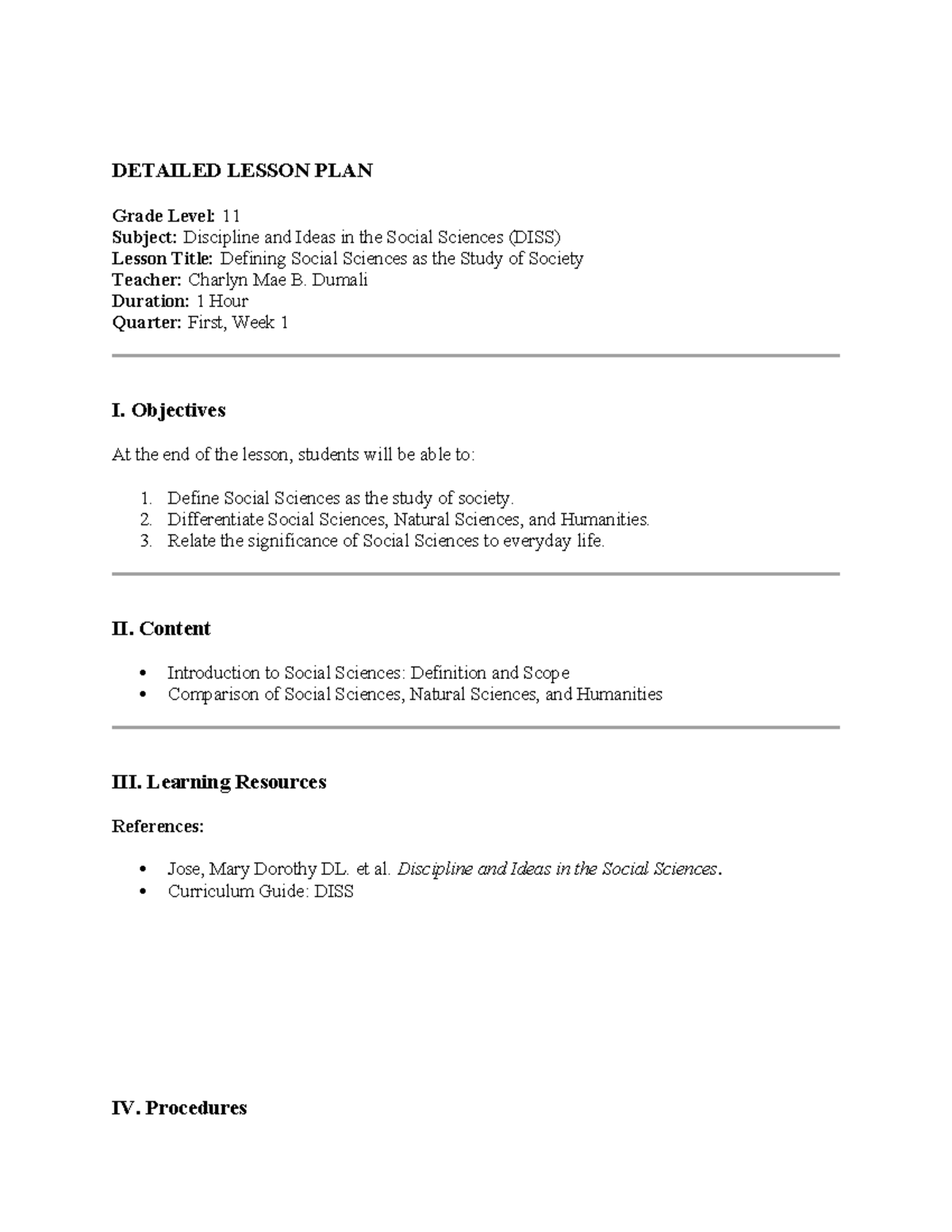 Detailed Lesson PLAN IN DISS - DETAILED LESSON PLAN Grade Level: 11 ...