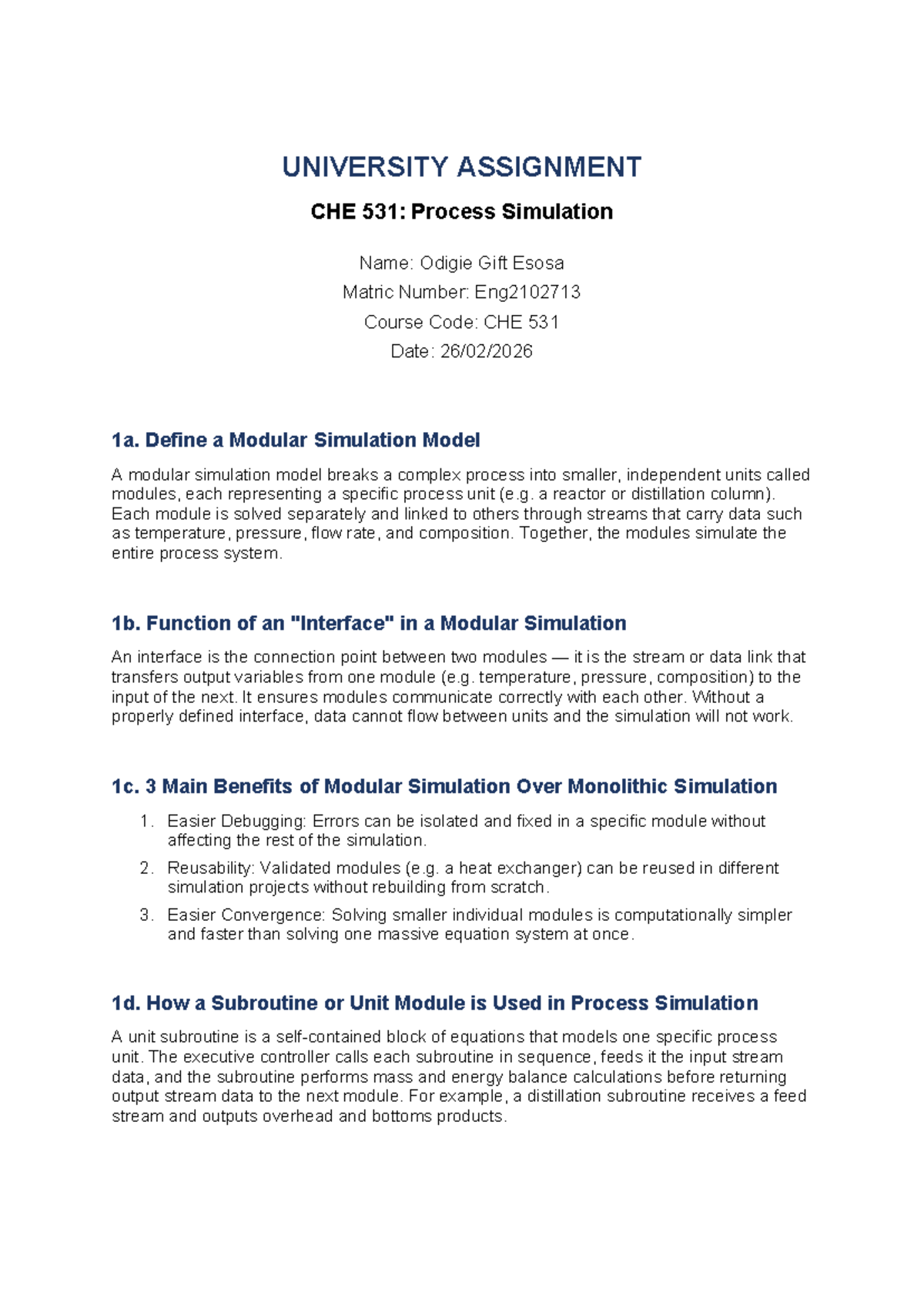 CHE 531: Modular Simulation Models in Process Engineering - Studocu