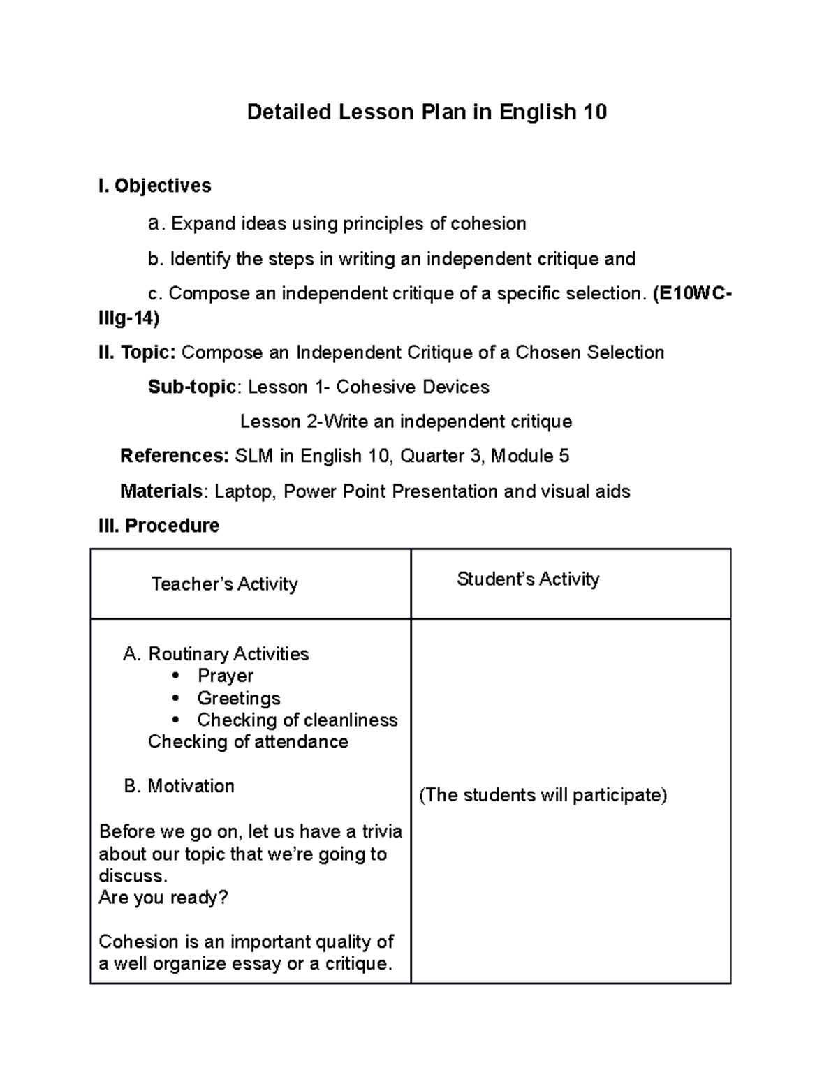 Detailed Lesson Plan: Independent Critique in English 10 - Studocu