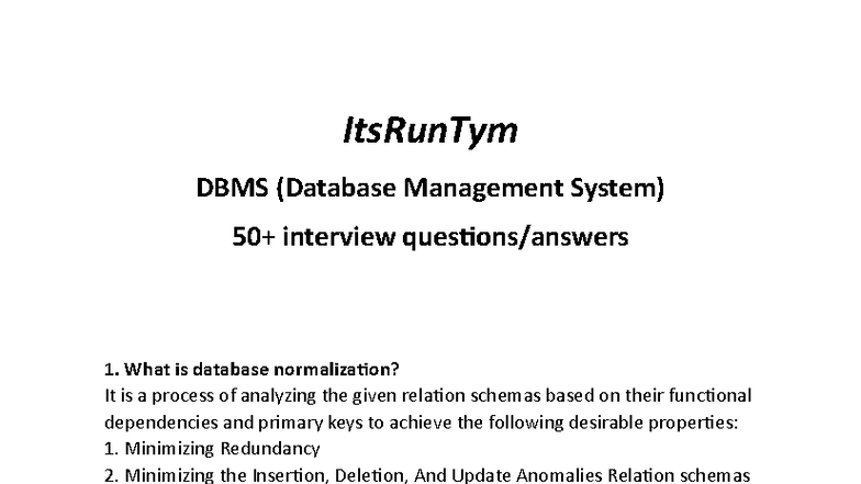 DBMS Interview Guide: Key Concepts & Advantages (ItsRunTym) - Studocu