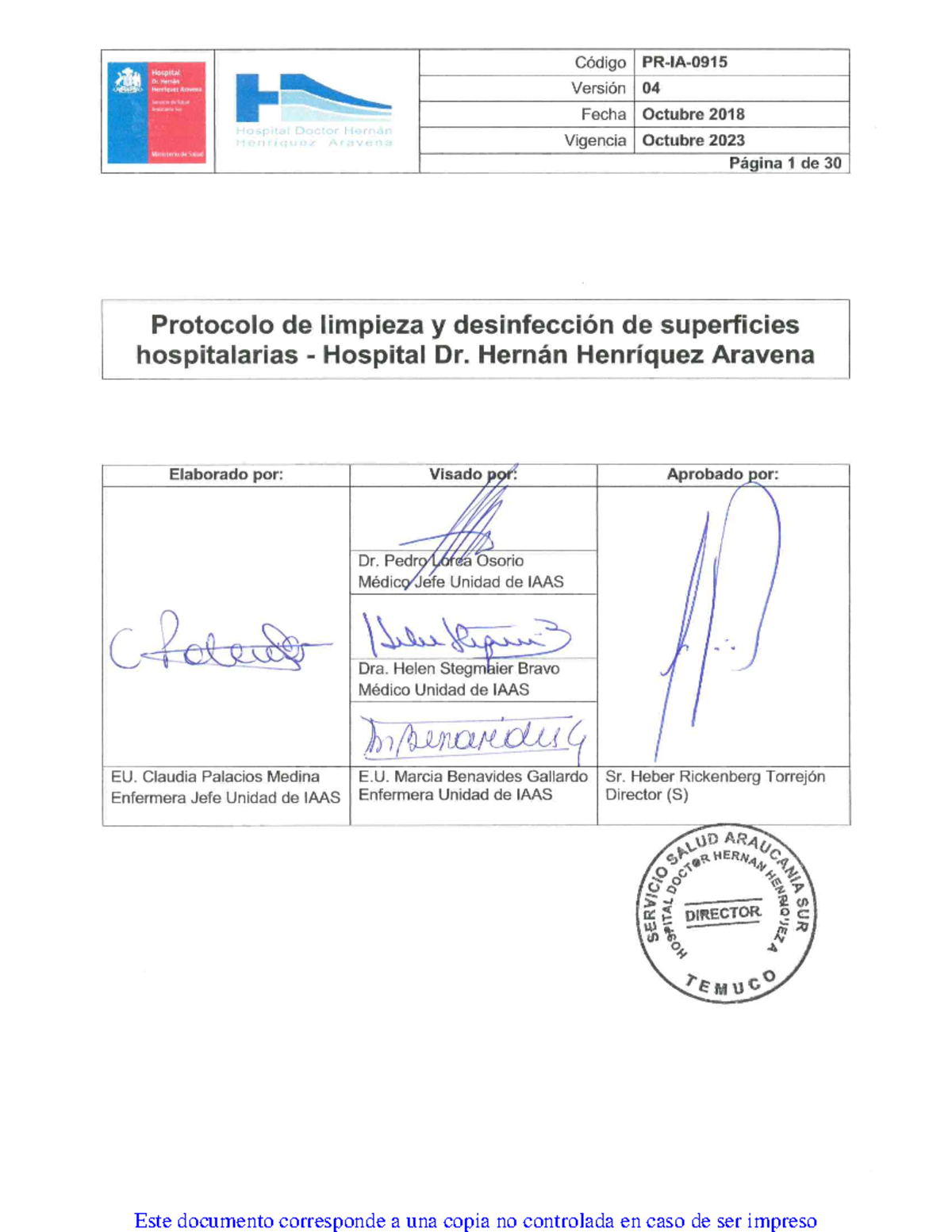 Protocolo de Limpieza y Desinfección de Superficies Hospitalarias 4V - Studocu