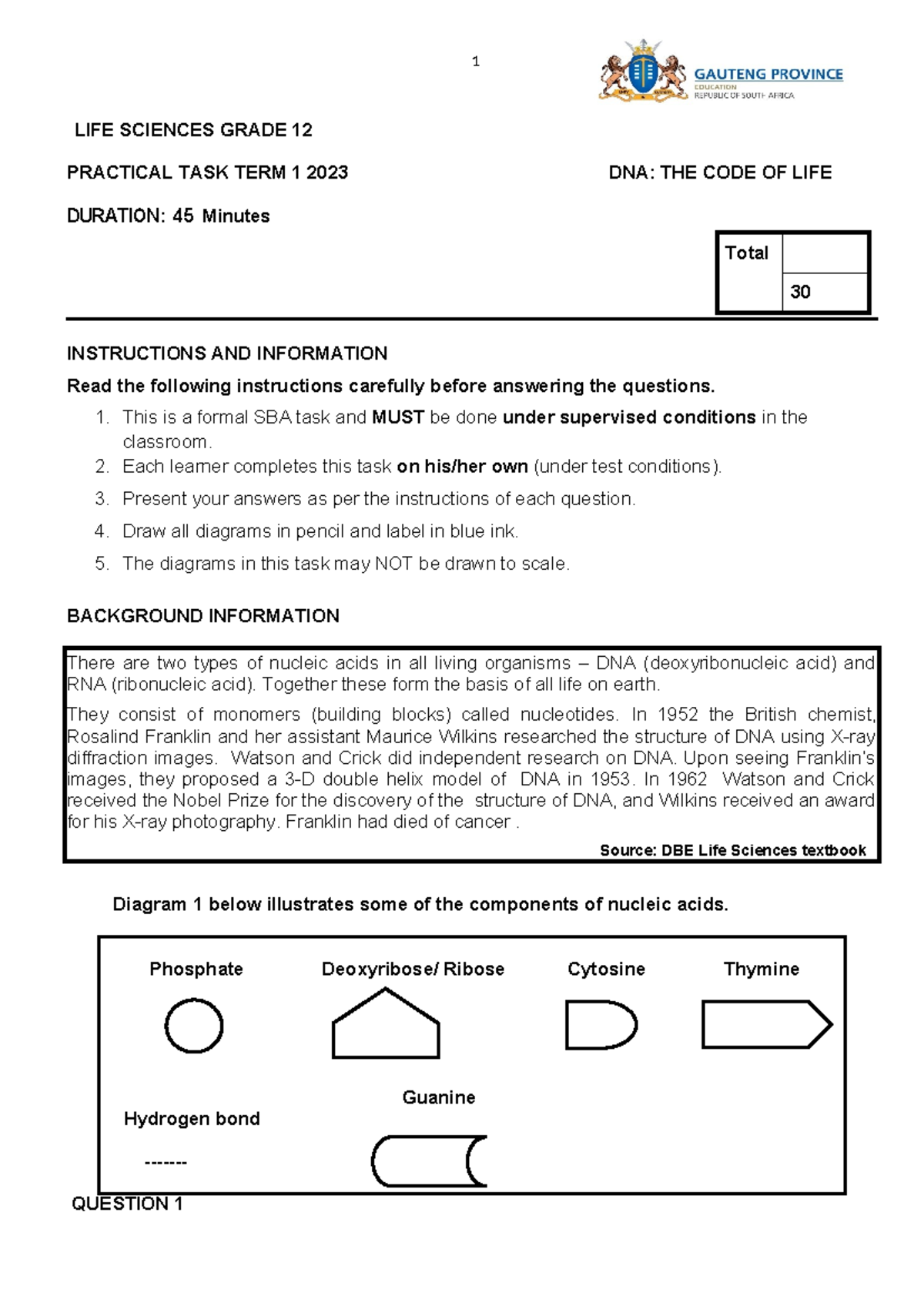 Gr. 12 Life Sciences Term 1 Practical Task: DNA – The Code of Life ...