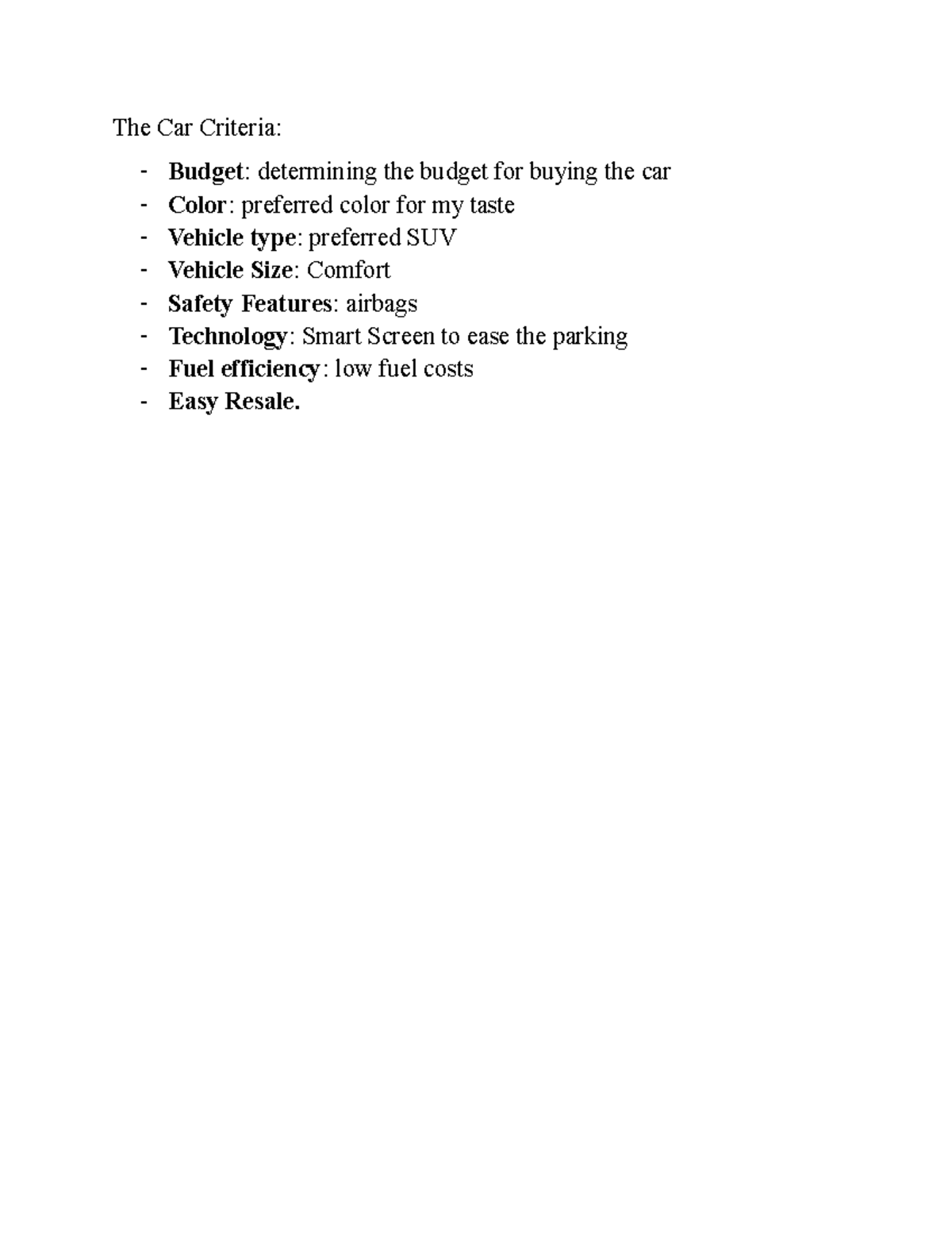 Assignment 2 -Car Criteria - contemporary Management - The Car Criteria ...