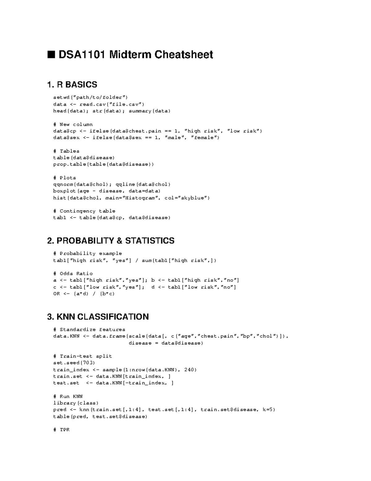 DSA1101 Midterm Cheatsheet: R Basics, Probability, and KNN - Studocu