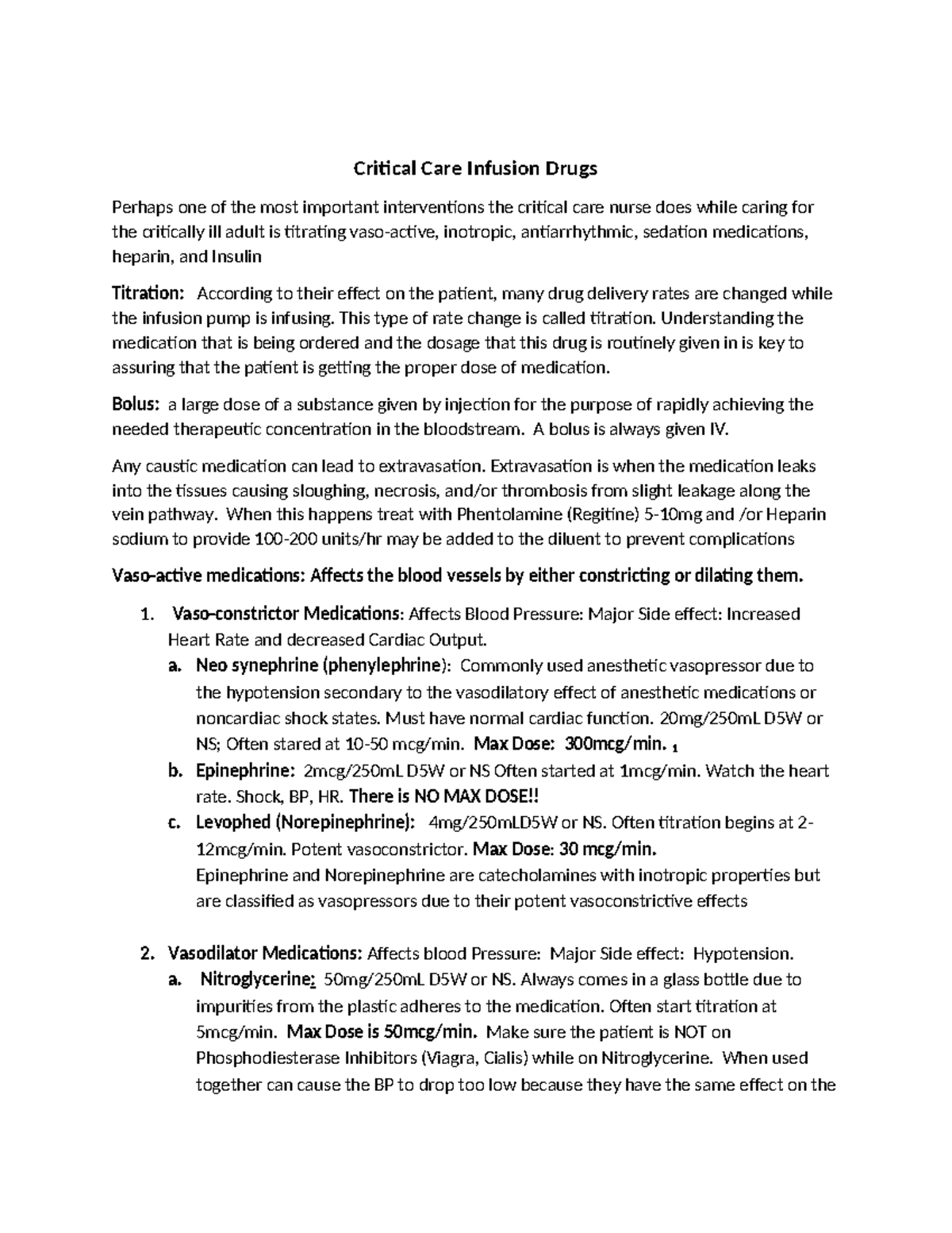Critical Care Drugs Overview - CC 101 Lecture Notes - Studocu