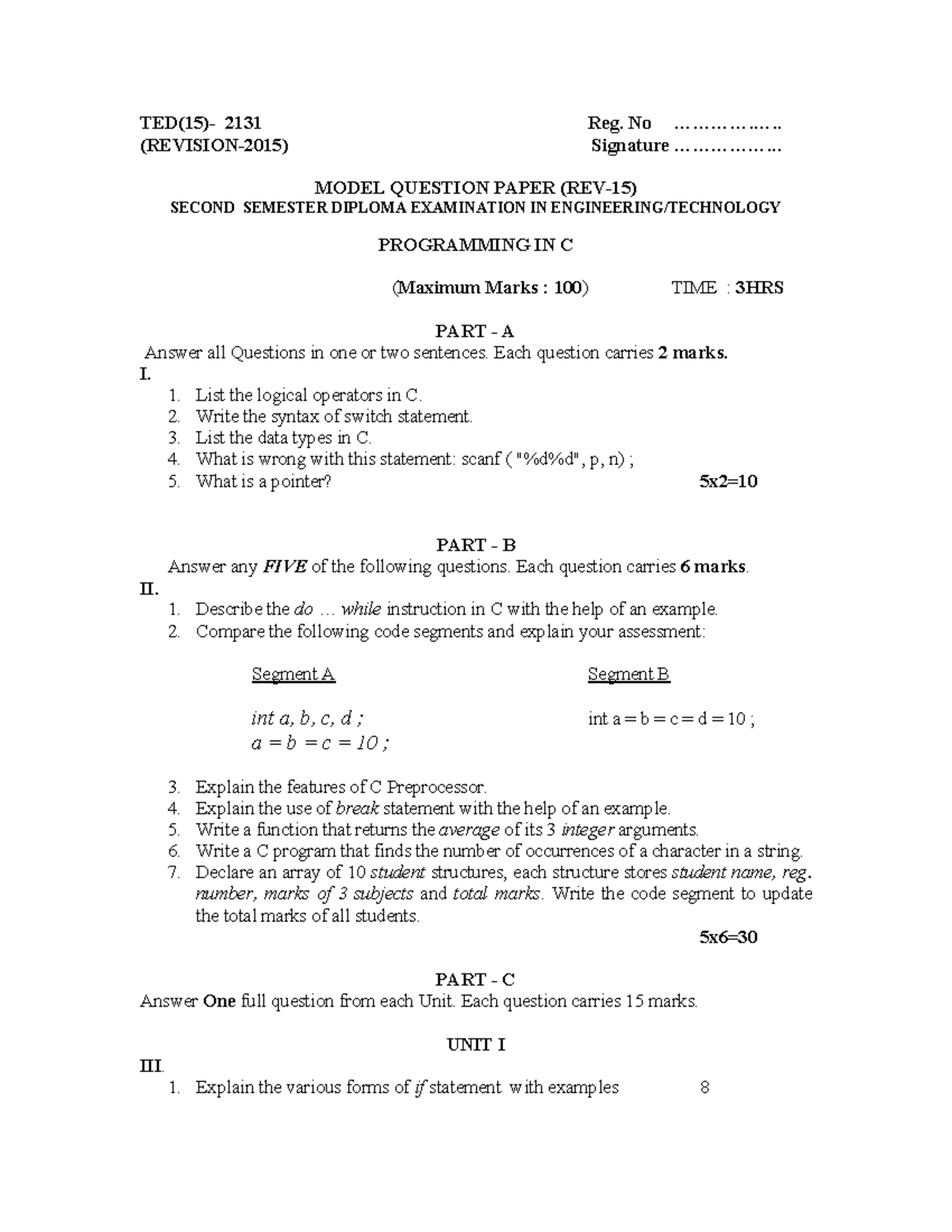 2131 Model Question Paper for 2nd Sem Diploma in C Programming - Studocu