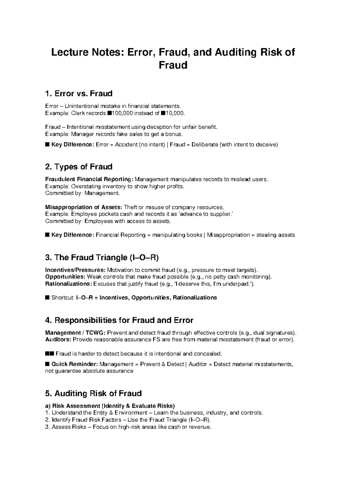 Lecture Notes: Error vs. Fraud and Auditing Risks (ACCT 101) - Studocu