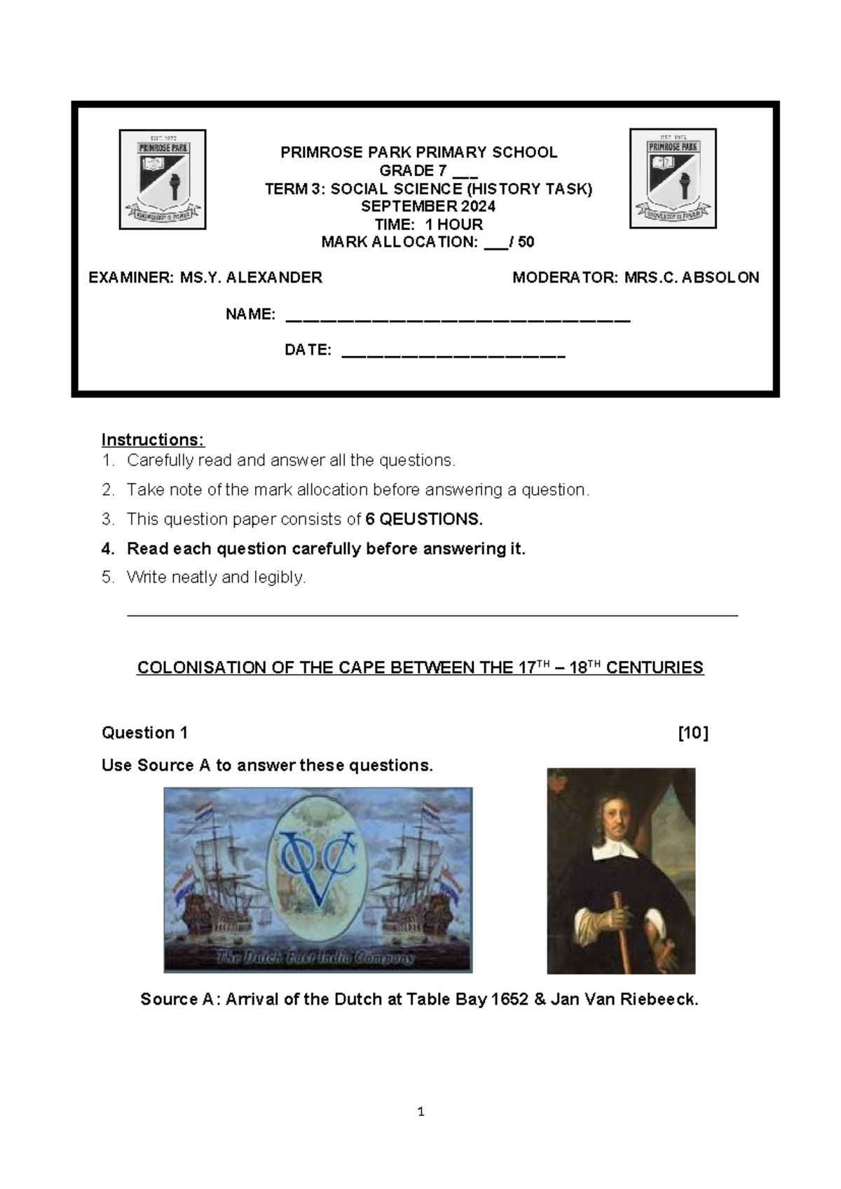 Grade 7 Social Science History Term 3 Exam Questions and Tasks - Studocu