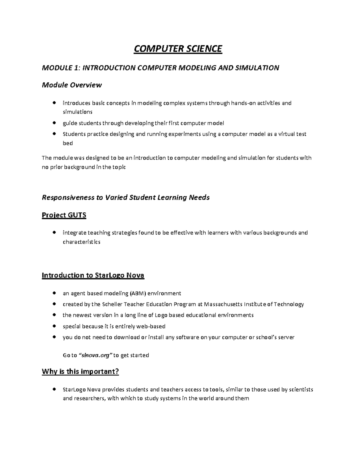 Introduction to Computer Modeling & Simulation (CS101) - Module Overview - Studocu