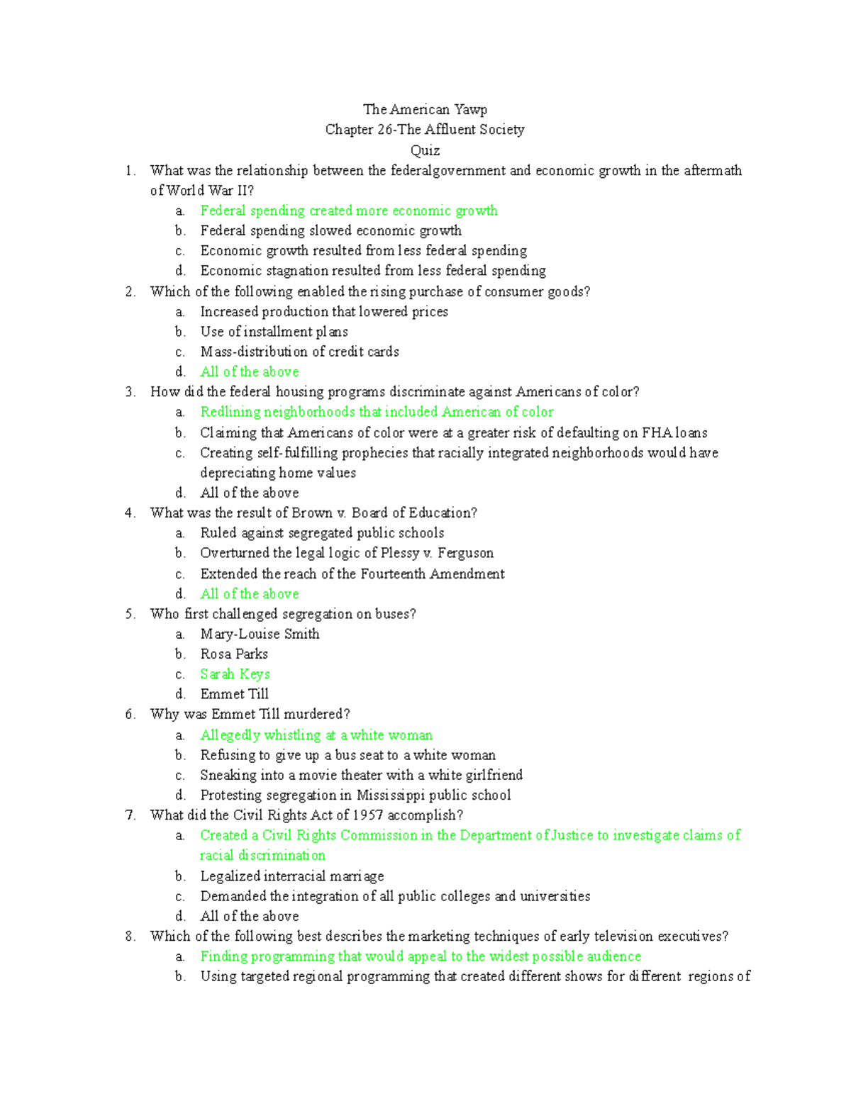 The American Yawp Quiz: Chap. 26 - The Affluent Society Insights - Studocu