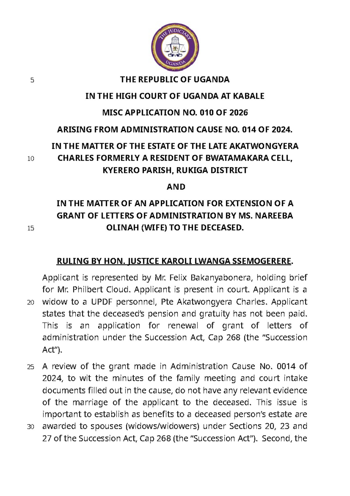 Ruling on Misc Application No. 010 of 2026: Nareeba Olinah v ...
