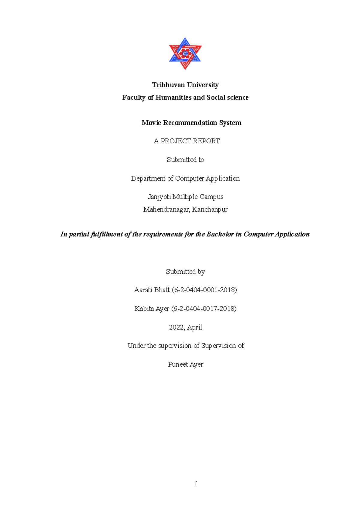 Movie Recommendation System Project Report - BCA 2022 - Studocu