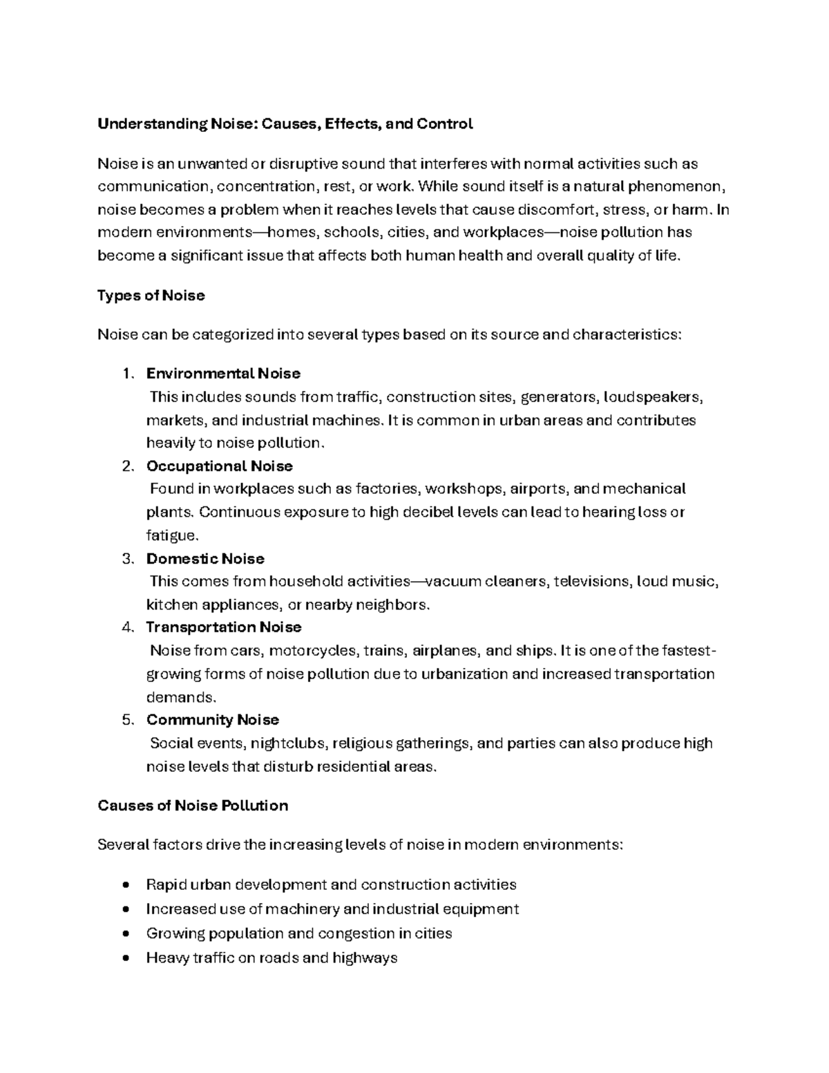 Noise Pollution: Causes, Effects, and Control Strategies (Course Code ...