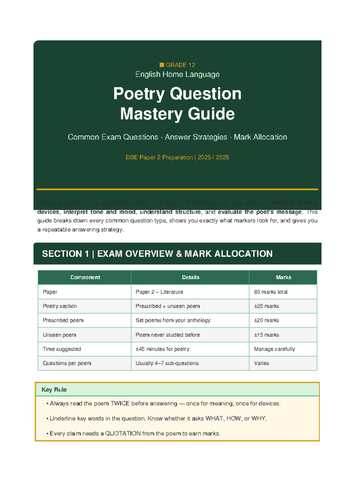 Grade 12 English Home Language Poetry Mastery Guide DBE Exam Prep - Studocu