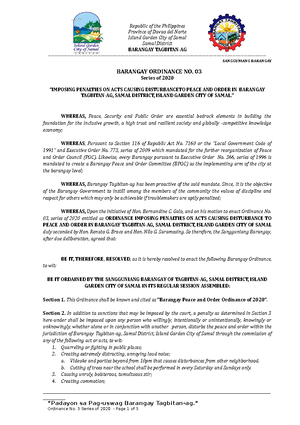 Executive Order - Barangay EO - SAMPLE OF AN EXECUTIVE ORDER Republic ...