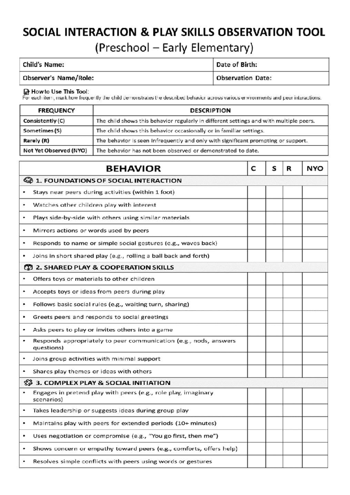 Social Interaction Skills Observation Tool (Preschool Early Elementary ...