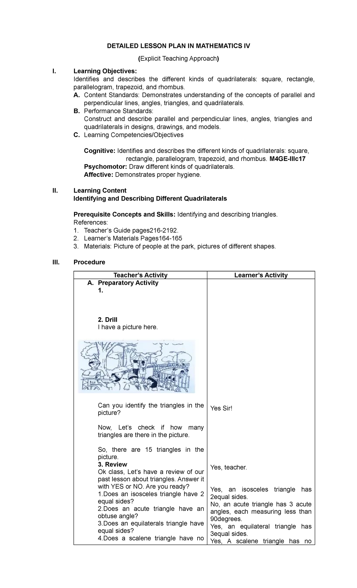 Detailed Lesson Plan in Mathematics IV: Exploring Quadrilaterals - Studocu