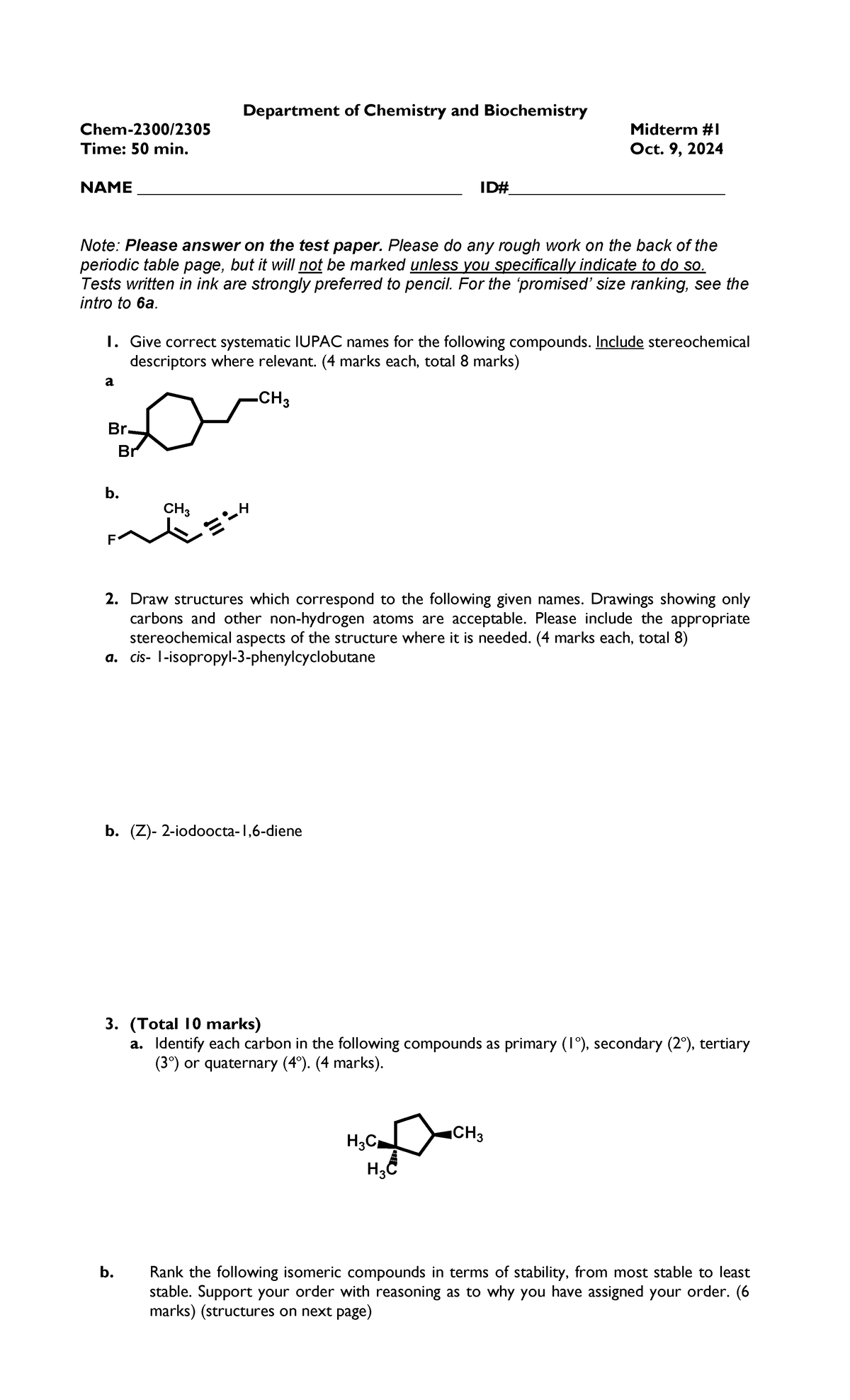Chemistry 2300 Midterm Exam Notes - Oct. 9, 2024 - Studocu