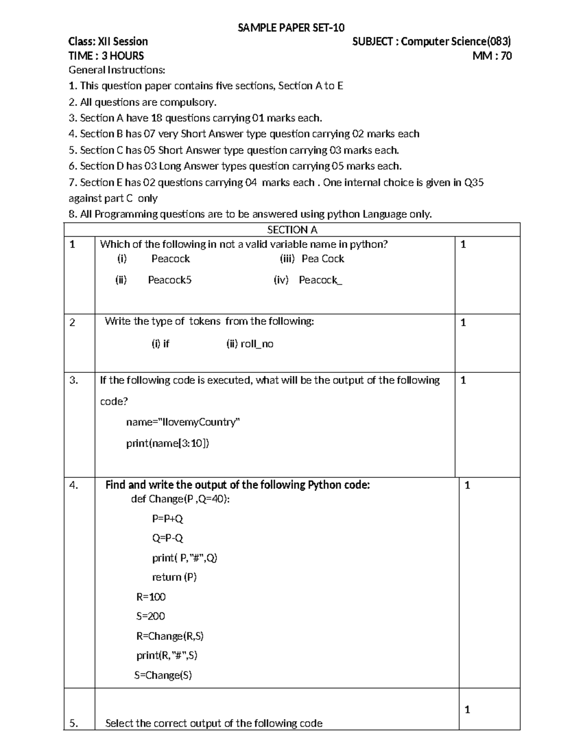 Computer Science (083) Class XII Sample Paper - 10th Grade - Studocu