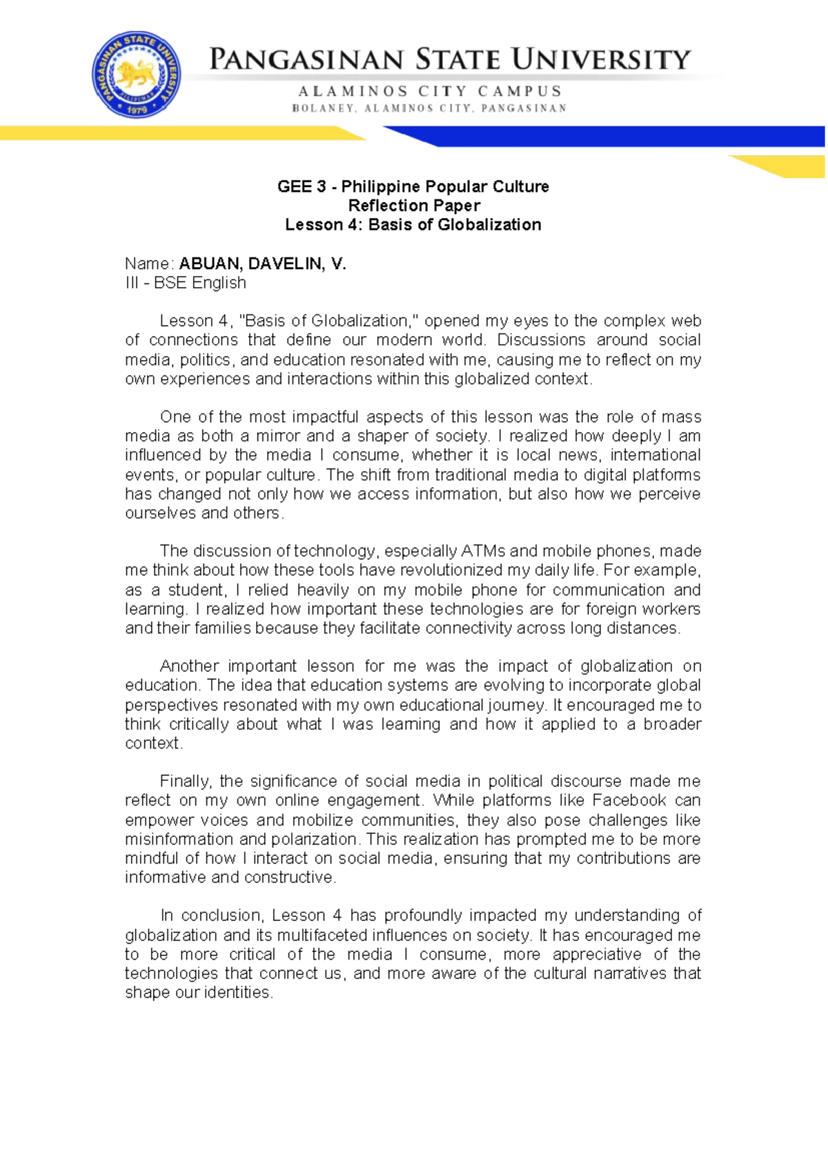 GEE 3: Reflection on Lesson 4 - Basis of Globalization Insights - Studocu