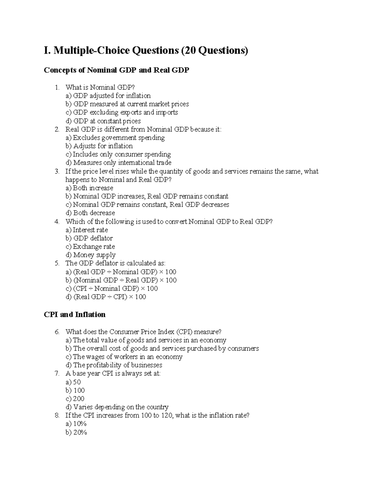 Real vs Nominal GDP & CPI: 20 Key Questions for Understanding - Studocu