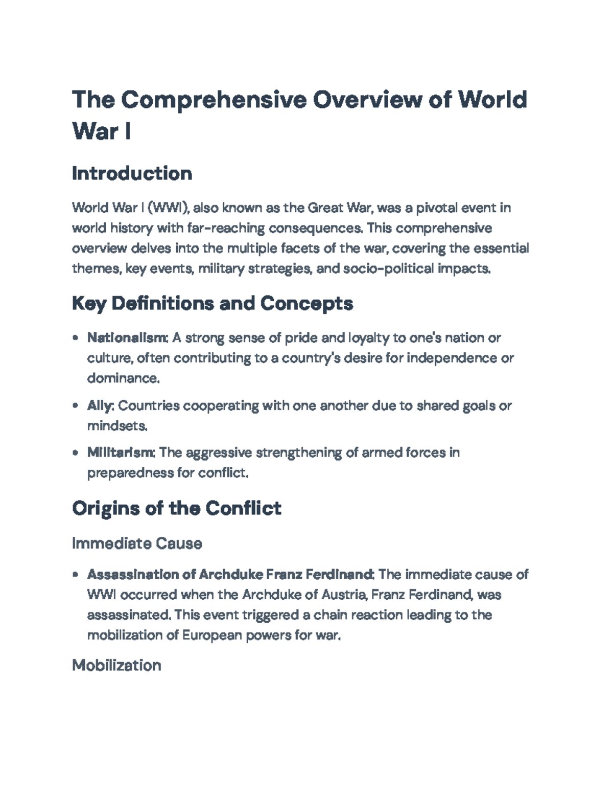 Comprehensive Overview of WWI: Major Events & Global Impacts - Studocu