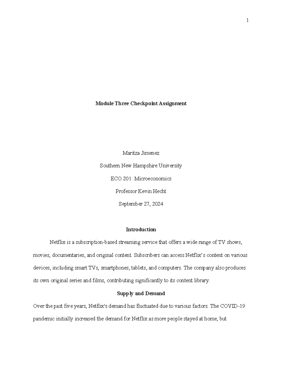 ECO 201: Module Three Checkpoint on Netflix's Supply & Demand - Studocu