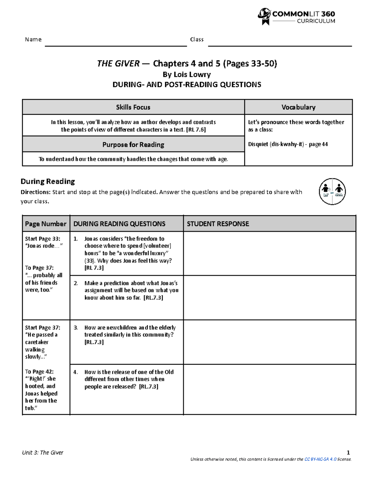 THE GIVER (RL 7) Chapters 4-5 Analysis & Discussion Questions Ed1 - Studocu